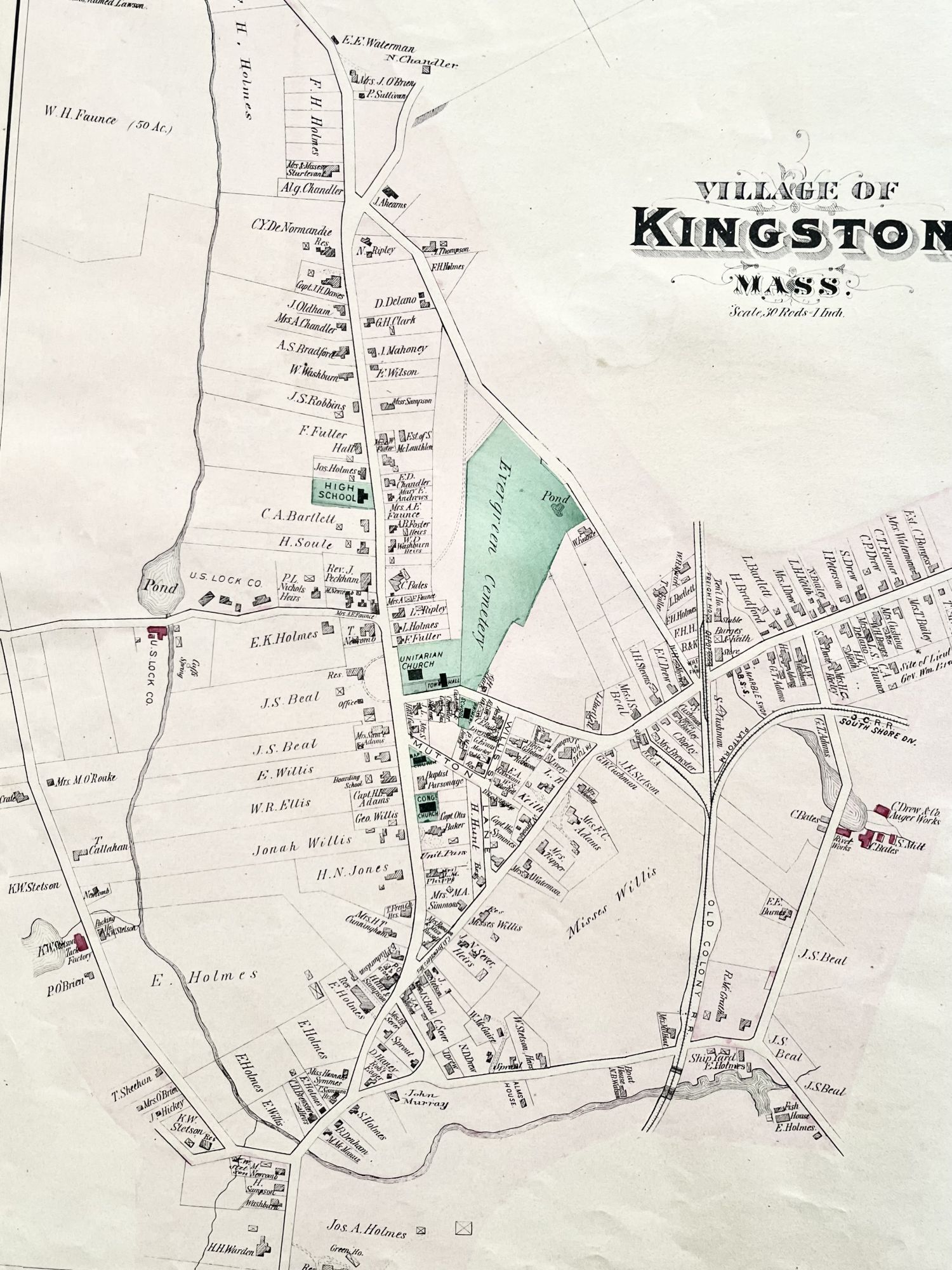 1879 Hand-Colored Street Map of KINGSTON, Rocky Nook, & PLYMOUTH ...